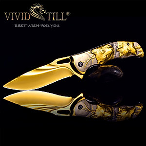 Pocket Knife for Men, Folding Knife With Clip & 3D TITANIUM PLATED WOLF Relief, Embossed Edc Knife For Men Outdoor Survival Camping Hiking hunting (Gold)