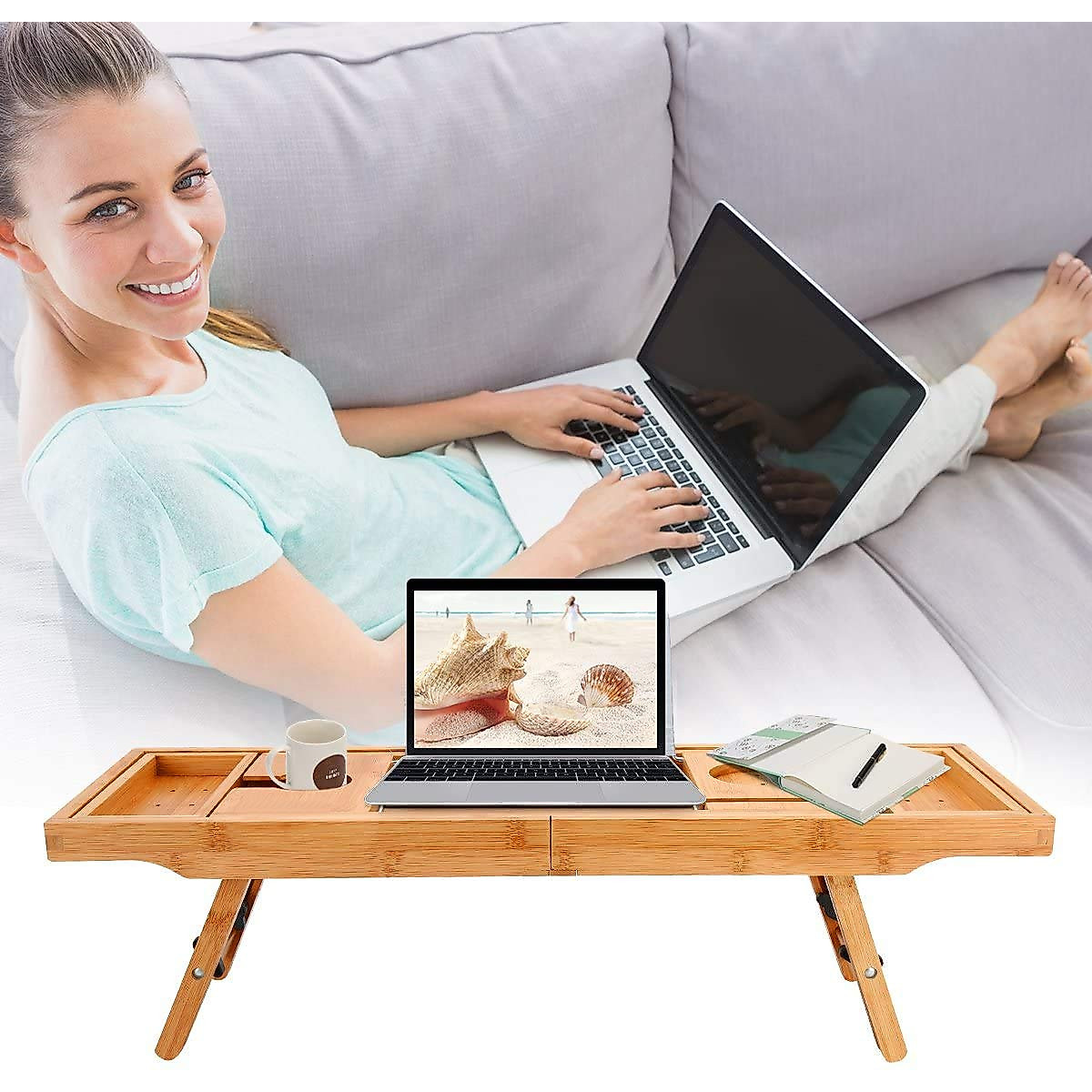 Hossejoy Bathtub Caddy Tray& Laptop Desk with Foldable Legs, 2 in 1 Wisdom Design – Luxurious Bathtub Caddy with Extending Sides, Tablet Holder, Reading Rack,Cellphone Tray and Wine Glass Holder