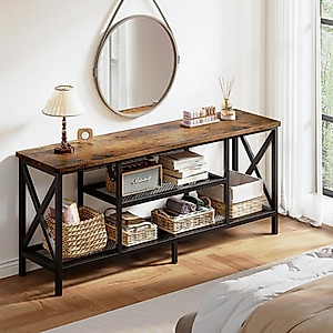 Gizoon 59.8" Industrial TV Stand for 55-65 Inch TVs, Rustic Brown, 3-Tier Media Entertainment Center with Open Shelves, Metal Frame, Sofa Table for Living Room, Bedroom, Office