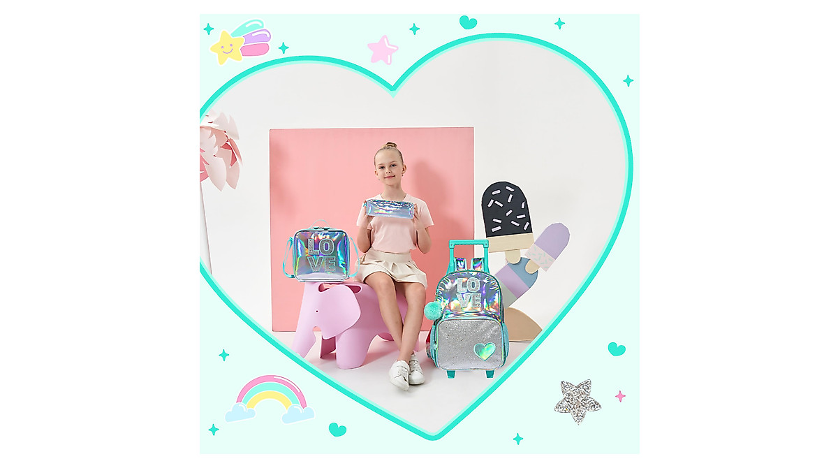Girls Rolling Backpack with Wheels & Lunch Bag - 3-Pc Set