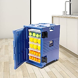 GDAE10 End-Loading Insulated Food Pan Carrier,82Qt/90L Hot Box for Catering, PE Food Box Carrier One-Piece Buckle, Front Loading Food Warmer w/Handles＆Wheels, for Restaurant, Canteen, Blue