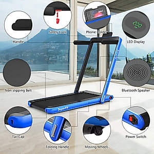 GYMAX Walking Pad, 2.25HP Foldable Treadmill with LED Display, Remote & Smart App Control, 2 in 1 Under Desk Treadmill, Portable Compact Folding Treadmill for Small Space/Home/Office (Shiny Blue)