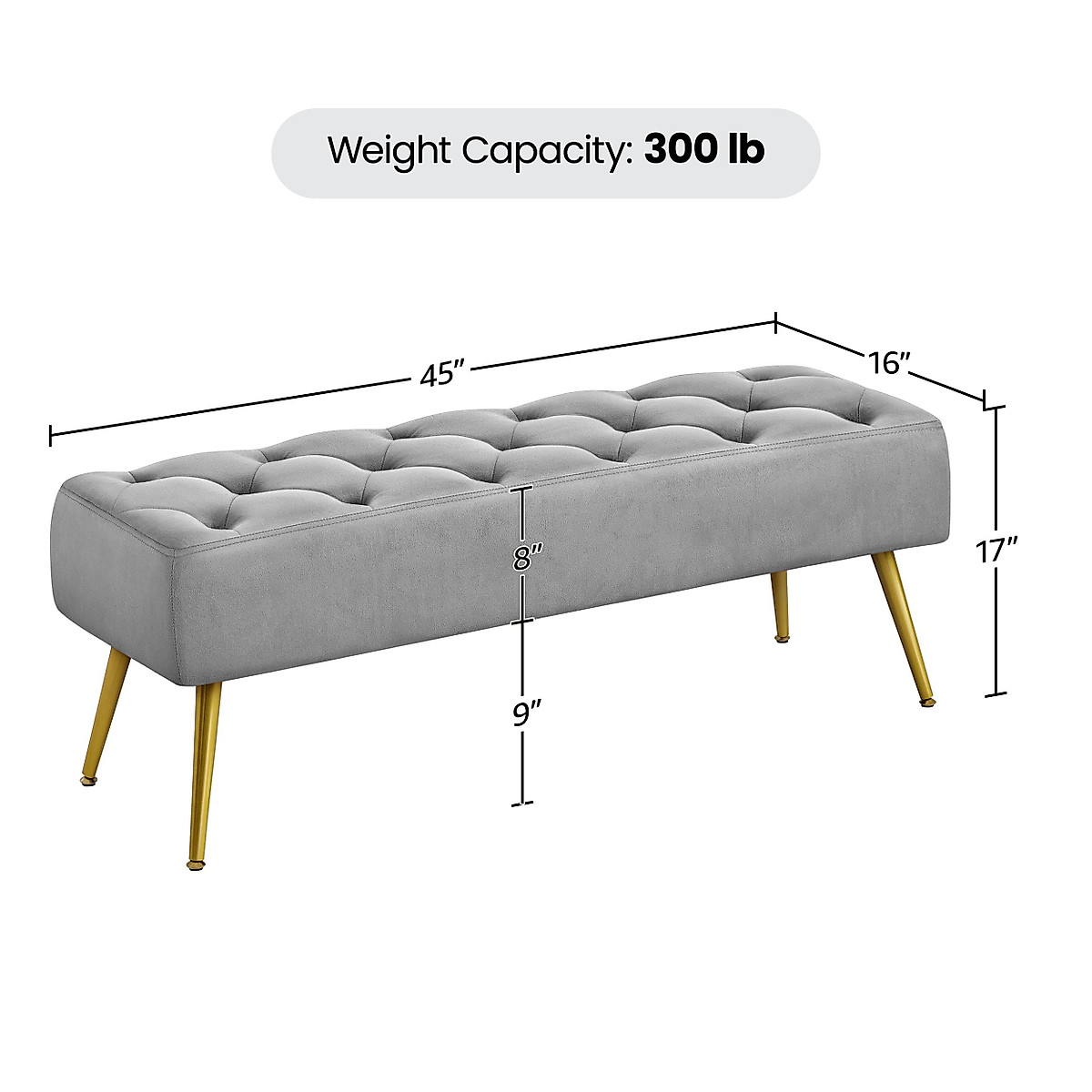 Yaheetech Modern Ottoman Bench Velvet Bench Upholstered Footrest with Gold Metal Legs and Padded Seat Gray