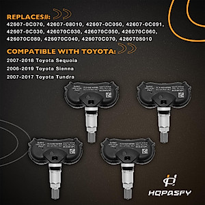 HQPASFY Tire Pressure Sensor 315MHz TPMS 4PCS Compatible with 07-18 Toyota Sequoia Tundra 06-19 Sienna Replaces# 42607-0C070, 42607-08010, 42607-0C050