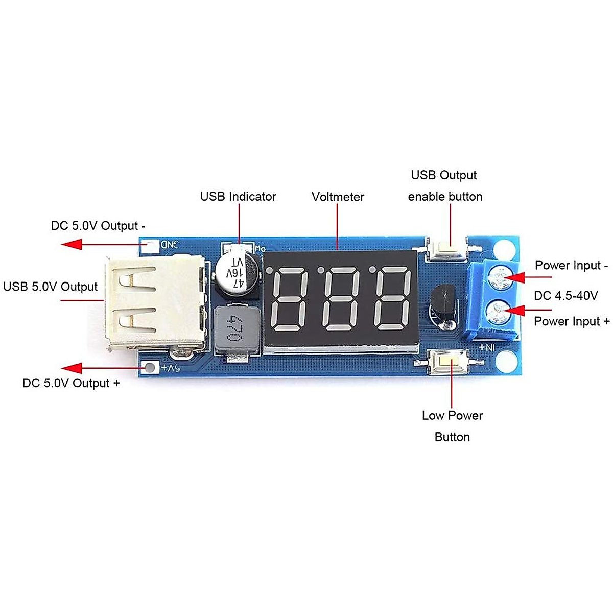 DAOKI 2 Pack DC-DC Buck Voltage Converter 6.5-40V to 5V 2A Step-Down USB Output Voltmeter Module Low Power Transformer with LED Display, 24AWG Wire