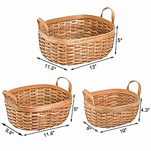 Elsjoy Set of 3 Wood Woven Storage Basket with Handles, Oval Fruit Bread Basket Organizer Rustic Rattan Nesting Basket Bin for Living Room, Bathroom, Kitchen, Home Decor