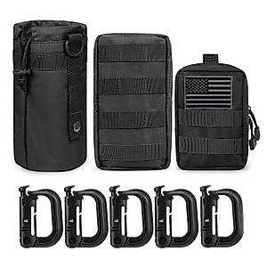 Gogoku 3-Pack Combo Molle Pouch Water Bottle Pouch Holder with Detachable Flag Patch & 5 D-Ring Clip Tactical Molle Pouches Compact Utility EDC Waist Bag Pack Black