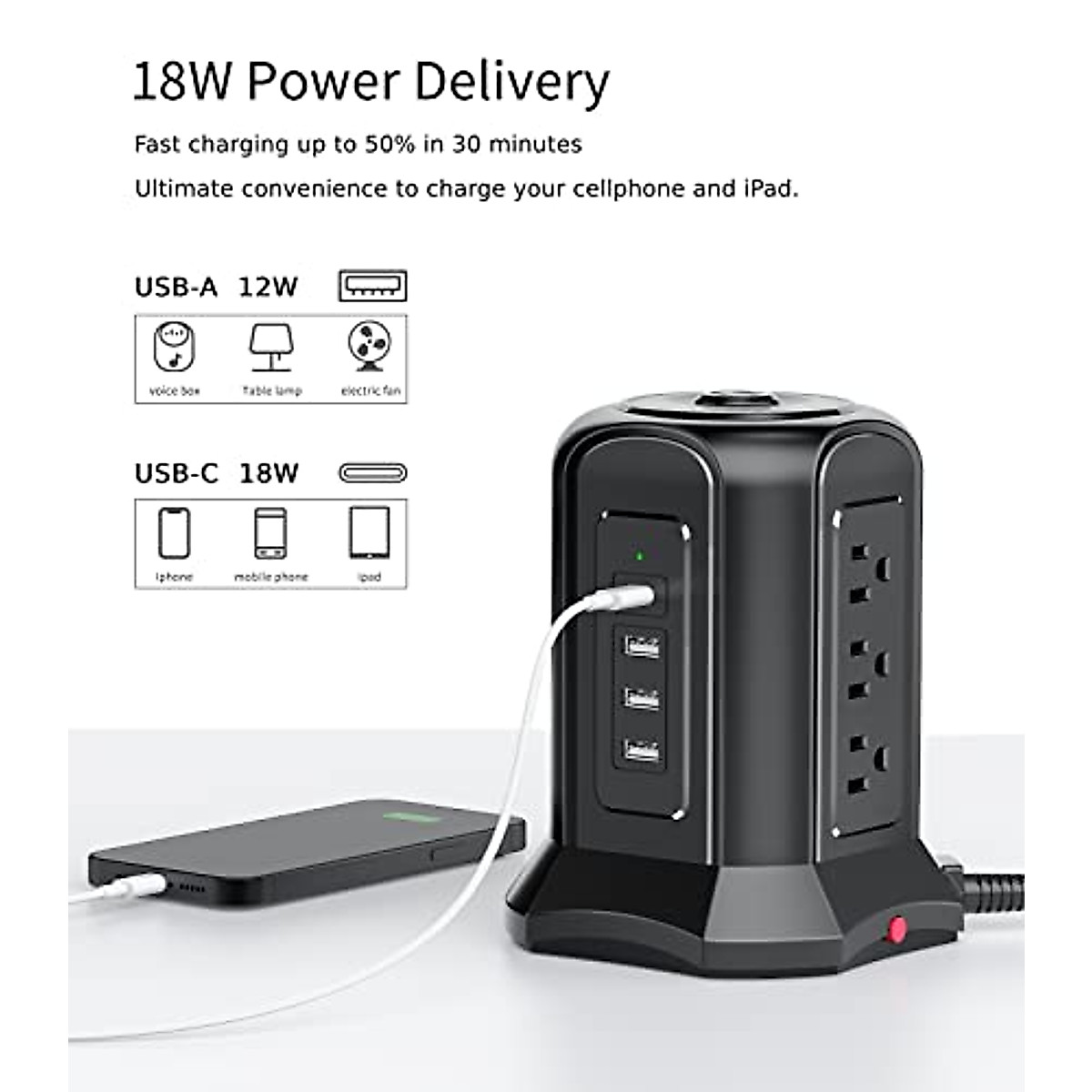 Power Strip Surge Protector Tower- 9 AC Multiple Outlets with 4 USB Ports (1 USB C),10 Ft Long Heavy Duty Extension Cord,Flat Plug Charging Station with Overload Protection for Home Office Dorm Desk