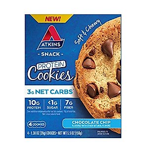 Atkins Chocolate Chip Protein Cookie, Protein Dessert, Rich in Fiber, 3g Net Carb, 1g Sugar, Keto Friendly, 4 Count