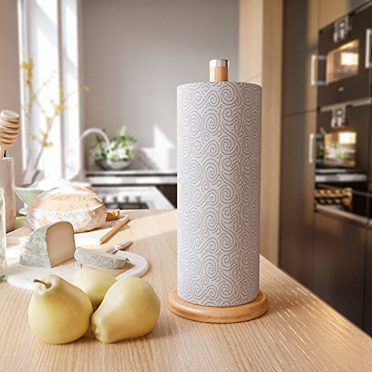 Home Intuition Rustic Bamboo Wood Counter Top Slim Paper Towel Holder Stand Dispenser