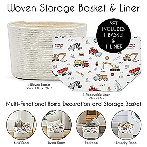 Sweet Jojo Designs Red Blue Construction Truck Boy Woven Storage Basket Decorative Cotton Rope Lined Bin Baby Nursery Kids Bedroom Toys Closet Shelf Organizer Transportation Bulldozer Black and White
