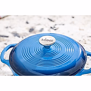 Lodge 3 Quart Enameled Cast Iron Dutch Oven with Lid – Dual Handles – Oven Safe up to 500° F or on Stovetop - Use to Marinate, Cook, Bake, Refrigerate and Serve – Caribbean Blue