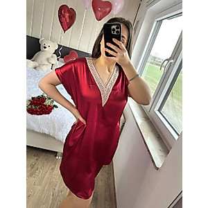 Ekouaer Sleepwear Women's Satin Nightgown Lace V Neck Nightdress Short Sleeve Silk Pajama Sexy Nightwear Wine Red Medium