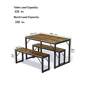 Dining Table Set for 4, 4 Seat Dining Room Table Set, 3 Piece Kitchen Table Set, Rectangular Table Set, Wood Modern Table and Bench Set, 45.5 x 30.4 x 30.4 inch, Metal Frame and MDF Board (Retro)