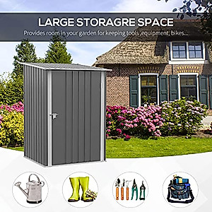 Outsunny 3.3' x 3.4' Lean-to Garden Storage Shed, Small Outdoor Galvanized Steel Tool House with Lockable Door for Patio, Backyard, Lawn, Gray