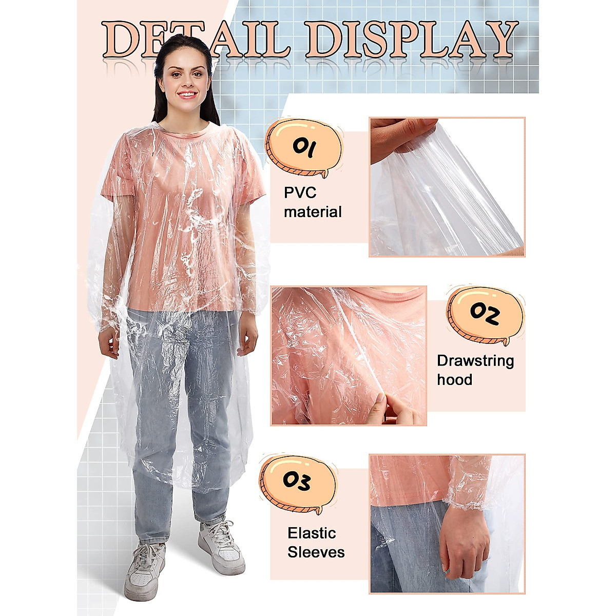 40 Pack Disposable Rain Ponchos for Adults Disposable Ponchos Pack with Drawstring Hood Elastic Sleeves Raincoat for Camping (Clear White)