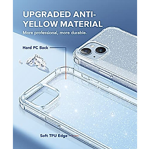 BERFY [5 in 1 for iPhone 14 Plus Case Clear Glitter, with 2X Screen Protector + 2X Camera Lens Protector [Non-Yellowing] Sparkle Bling Hard Shockproof Phone Case for Women Girls 6.7", Shiny Clear