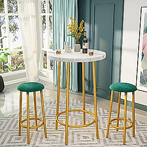 Lamerge 3 Piece Pub Dining Set, Counter Height Round Bar Table and Stools, Small Bistro with Metal Frame, Velvet Ideal for Breakfast Nook, Bistro, Apartment, White + Green, 30mm Thickness (W36850283)