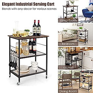 Giantex Microwave Cart 3-Tier W/Storage Shelf and Rolling Casters, Industrial Style Metal Frame for Kitchen, Living Room Accent Furniture for Living Room Rolling Serving Cart (Net-Brown)