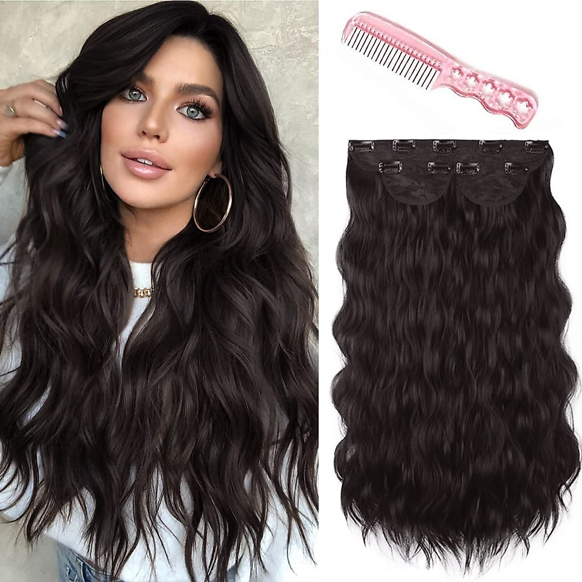 DeeThens Clip in Hair Extensions Long Dark Brown Hair Extensions for Women Wavy Synthetic Thick Hair Extensions Full Head Invisible 3pcs (Dark Brown)