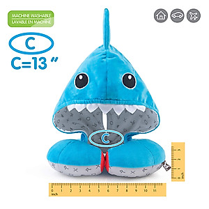 BENBAT Hooded Travel Pillow Neck Support – Soft, Polyester Total Car Seat Head Support for Children 4+ with Magnetic Closure and Ponytail Hole – Machine-Washable Travel Essentials (Shark)
