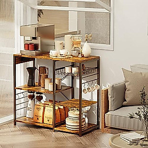 EasyCom Bakers Rack with Power Outlet, Microwave Stand, Kitchen Storage with Pull-Out Basket 6 S-Shaped Hooks, Microwave Cart for Kitchen, Coffee Bar, Office, Rustic Brown