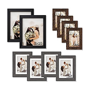 Picture Frames Set for Wall Gallery - 10 Pack Assorted Color Rustic Wooden Collage Photo Frame with Mat for Wall Decor or Tabletop Display Including Two 8x10 / Four 5x7 / Four 4x6 - Black Brown Gray