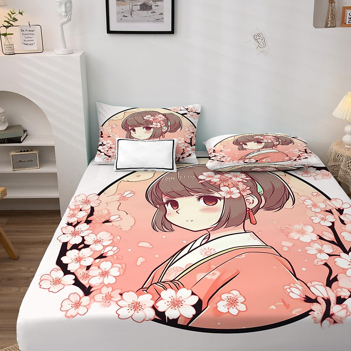 Cherry Blossom Sheets Full Size, Sakura Anime Bed Sheets, Patterned Bedding Sheets & Pillowcases 4 Piece Set - Soft Microfiber Deep Pocket Fitted Sheet & Flat Sheet & 2 Pillow Cases Z9-&-198