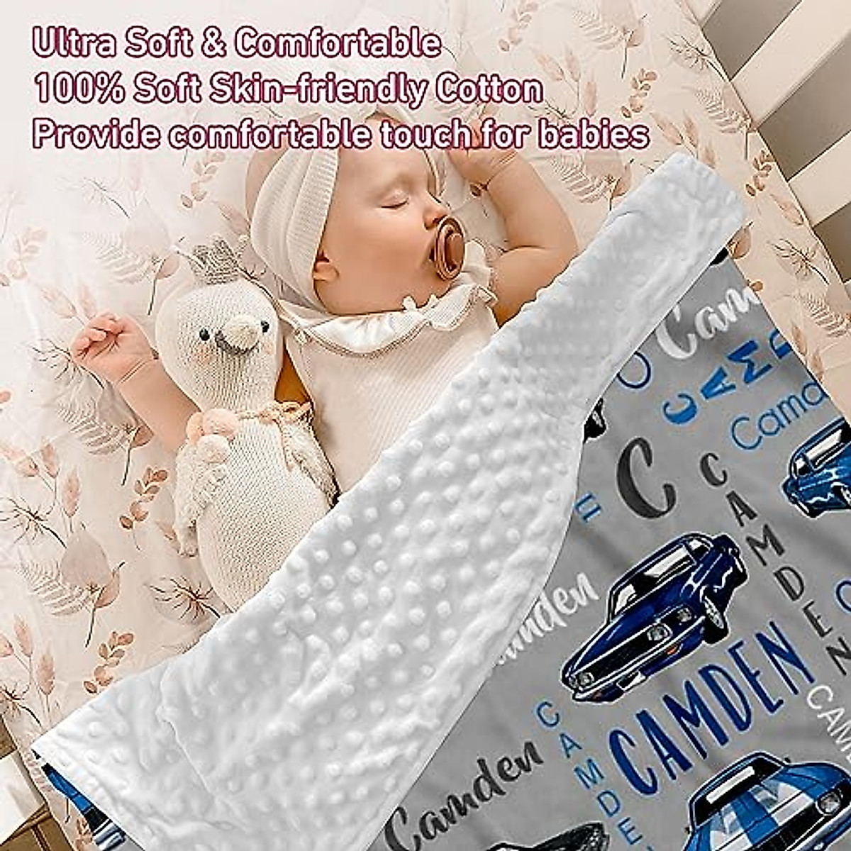 Lanleay Baby Security Blanket for Girls Boys: Personalized Baby Girl Blanket with Car Design - Custom Name Plush Minky Blanket with Baby Name(30”x40)