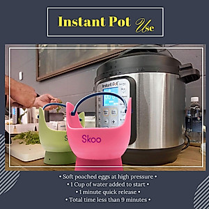 Egg Poacher - Skoo Silicone Egg Poaching Cups + Lids + Ebook - Egg Cooker Set - Perfect Poached Egg Maker - For Stove Top, Microwave and Instant Pot (Green, Red, Yellow, Turquoise, Dark Blue)