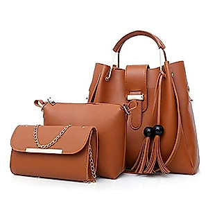 3Pcs Set Purses and Handbags for Women PU Leather Fashion Tote Bag Wallet Crossbody Shoulder Bag Handbags Top Handle Satchel Bag Purse Set, Brown