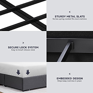 COMHOMA Bed Frame Queen Size with Type-C & USB, Queen Size Bed Frame with 3 Storage Drawers, Upholstered Bed Frame Queen with Wingback Headboard, Steel Slats Support, Dark Grey