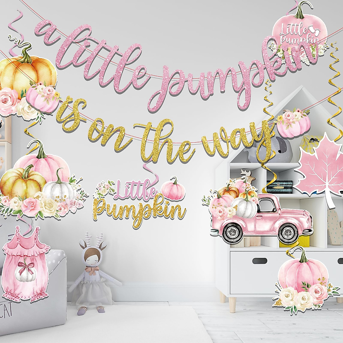 Little Pumpkin Baby Shower Decorations, Girl Pink Pumpkin Baby Shower Decorations includes a Little Pumpkin Is On The Way Banner and A Little Pumpkin Is On Her Way Baby Shower Hanging Swirls