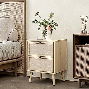 Rattan Nightstand Set of 2, End Table rattan bedside table Side Table with 2 Hand Made Rattan Decorated Drawers Wood Accent Table with Storage 2-Drawer for Bedroom, Living Room, Natural 2 Pack