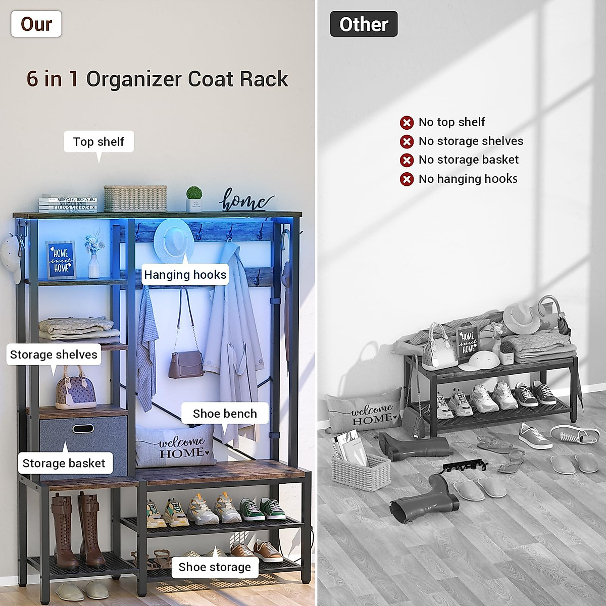 Aheaplus Hall Tree with Storage Bench, Coat Rack with LED Lights, 5-Tier Shelves, Fabric Storage Basket, Side Hooks, 71’’ Industrial 5 in 1 Large Organizer, Sturdy Metal Frame, Rustic Brown