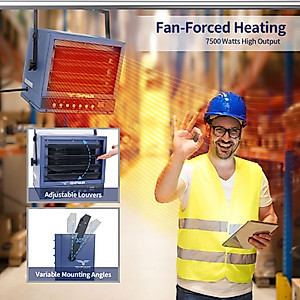 TEMPWARE Electric Garage Heater, 7500-Watt Digital Fan-Forced Ceiling Mount Shop Heater with Full-Function Remote, 240-Volt Hardwired Heater with 12-Hour Timer, Ideal for Workshop