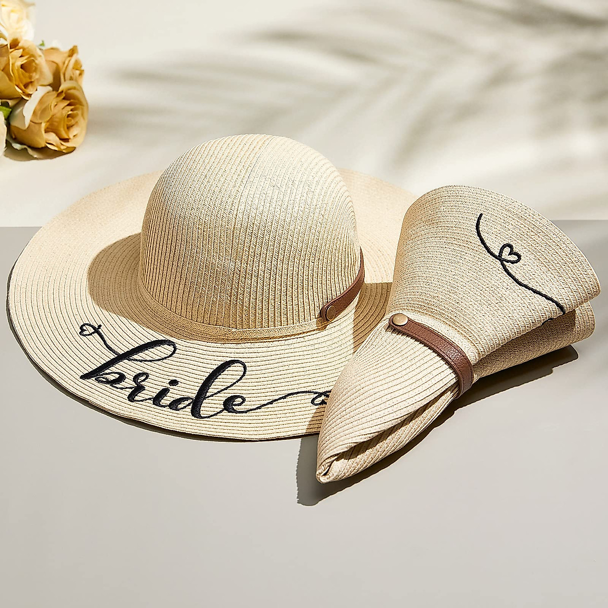 AW BRIDAL Bachelorette Party Favors Bride Hat, Wedding Bride to Be Gifts Bridal Shower Gift for Bride Beach Hat, Wide Brim Floppy Embroidered Straw Sun Hat UPF50+ Beige