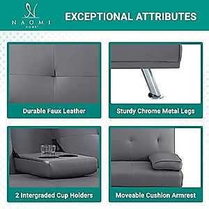 Space-Saving Design: Convertible Futon Sofa Bed, Versatile Comfort - Sturdy Build Modern Faux Leather Futon Couch - Low-Maintenance Upholstery - Customizable Positions - Easy Assembly - Gray