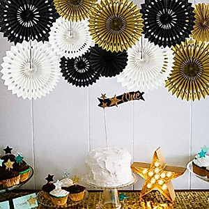 BEISHIDA Black Gold White Hanging Honeycomb Round Paper Fans Decoration Set for New Year Baby Shower Birthday Wedding Bachelorette Photo Booth Backdrops Anniversary Paper Party Supplies（11packs）