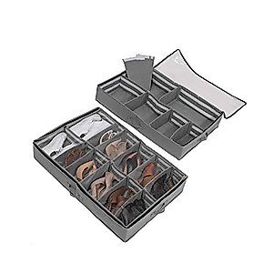 DECOLUXE Set of 2 Under Bed Shoe Organizer and Storage with Customizable Dividers up to 24 Pairs Total