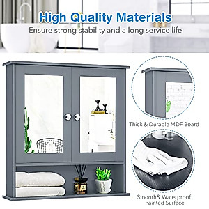 Giantex Bathroom Wall Cabinet with 2 Mirror Doors and Adjustable Shelf, Hanging Wooden Medicine Cabinet Storage Organizer, Bathroom Mirror Cabinet Wall Mounted (Grey)