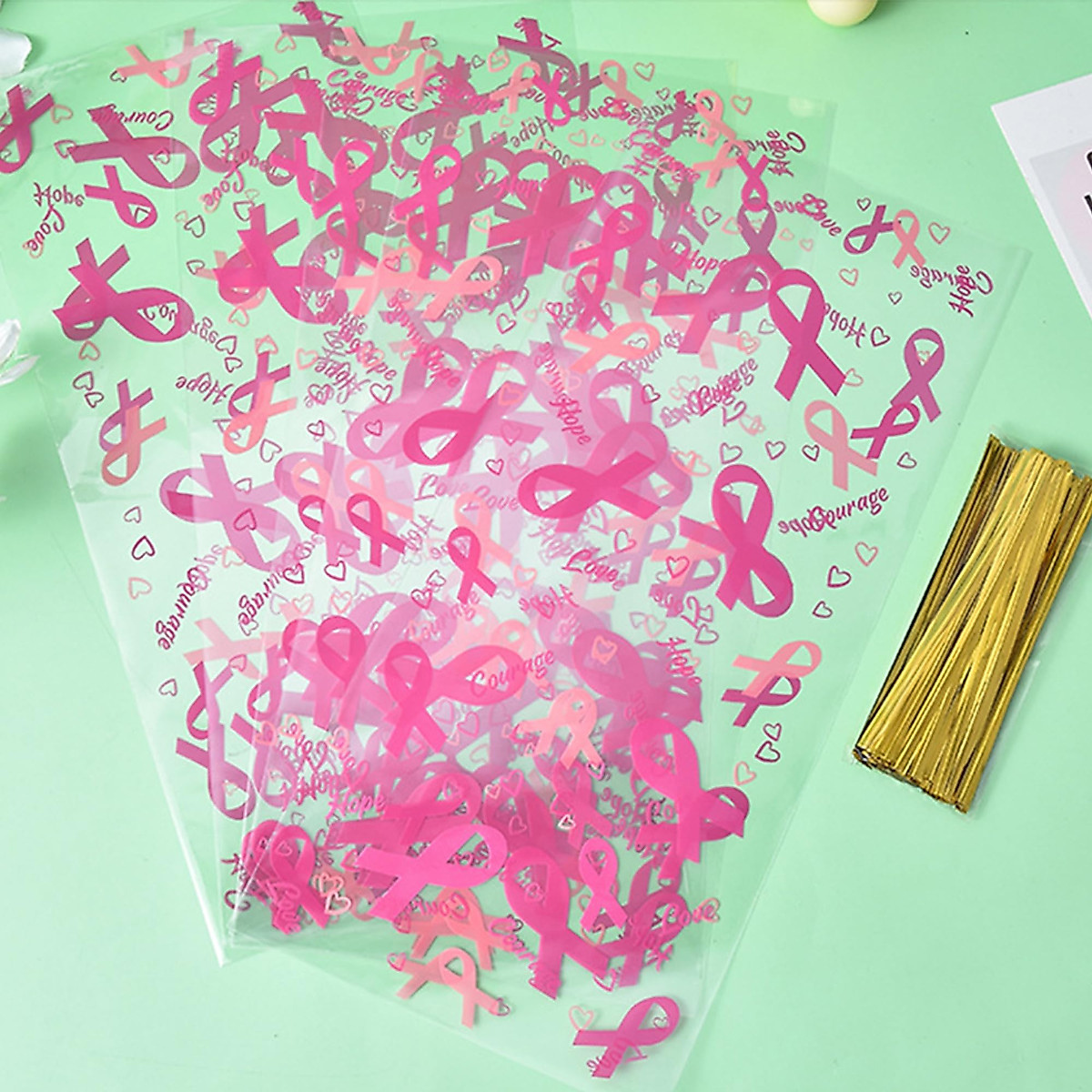 Ysqool 50 Breast Cancer Support Cellophane Treat Bags,Pink Ribbon Pattern Party Bags Clear Plastic Candy Goodie Gift Bags with Gold Twist Ties for Breast Cancer Awareness Party Supplies Gift Wrapping