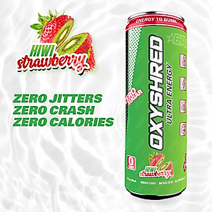 EHP Labs OxyShred Healthy Energy Drink - Zero Sugar Energy Drinks with Amino Acids, Green Tea Extract, Vitamin C & L Carnitine - Zero Carbs, Zero Calories, Clean Caffeine, Kiwi Strawberry (12-Pack)