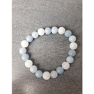 LKBEADS Natural Angelite, Aquamarine & Moonstone 10mm rondelle smooth 7inch Semi-Precious Gemstones Beaded Bracelets for Men Women Healing Crystal Stretch Beaded Bracelet Unisex