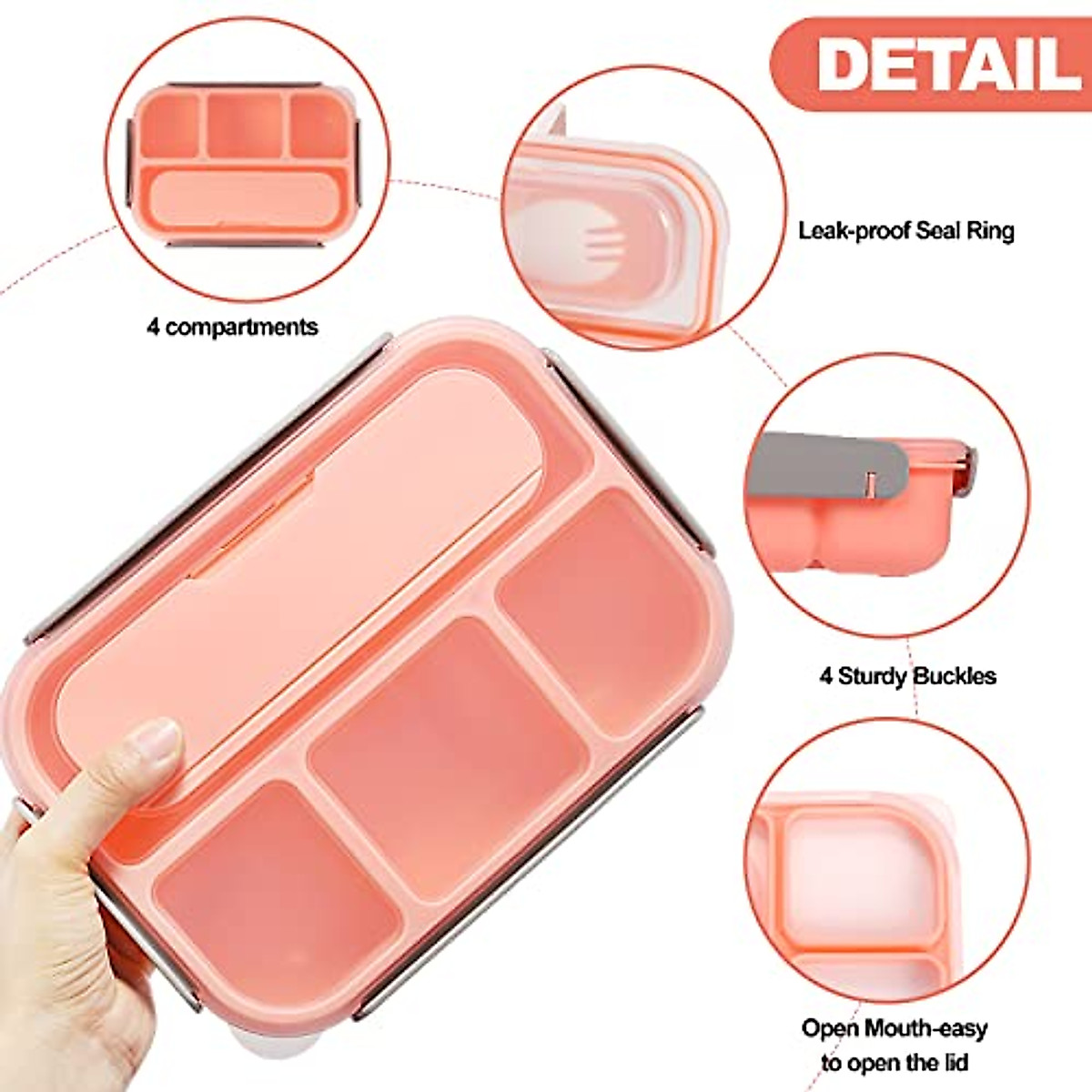 Bento Lunch Box for Kids,Bento Box Adult Lunch Box Containers,1300ML-4 Compartment Lunch Containers for Kids/Adults,with 7 Cake Cups 10 Food Picks,BPA-Free,Microwave Dishwasher Freezer Safe (Pink)
