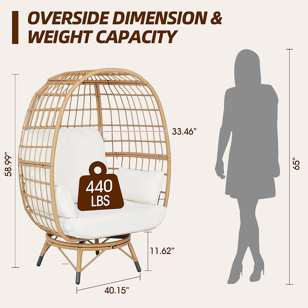 Temminkki Oversized Wicker Egg Chair Outdoor Indoor All-Weather Basket Lounger Chair with Beige Cushion 440lb Capacity