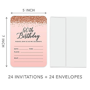 Andaz Press Blush Pink and Rose Gold Glitter Elegant Party Collection, 5x7-inch Invitations with Envelopes, 60th Birthday, 24-Pack, Double Sided Printing, Heavy Card Stock, Includes Envelopes
