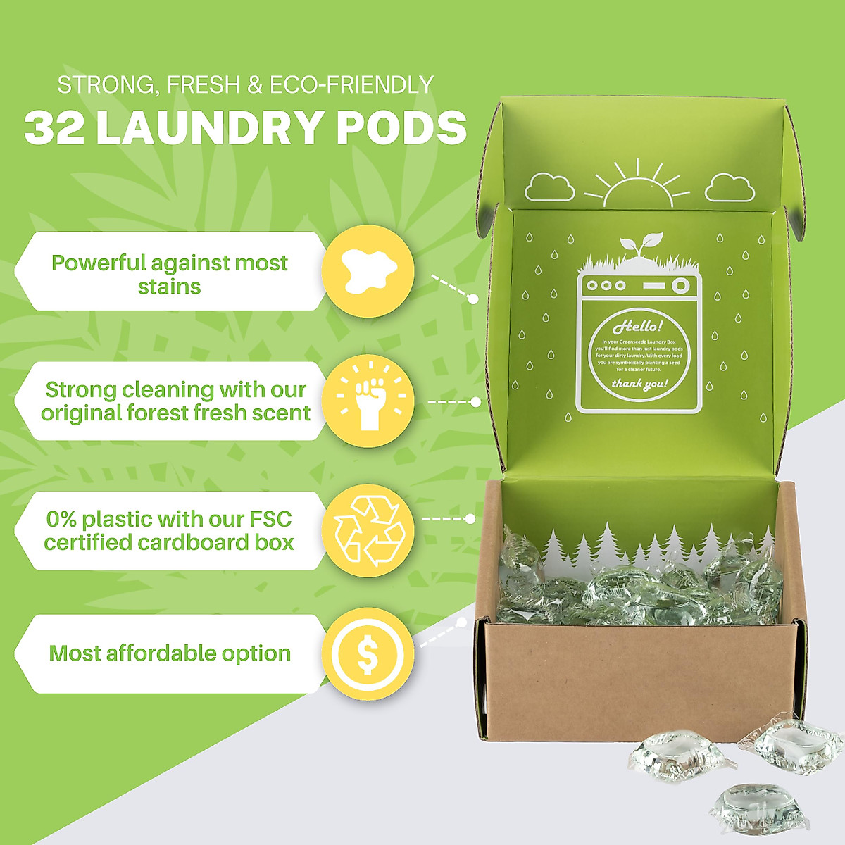 Greenseedz Eco Friendly Laundry Detergent Pods, 32 Pods, Powerful Stain And Odor Removal, Skin Friendly, Rainforest Fresh Scent, Biodegradable and Sustainable Laundry Pods, HE Compatible