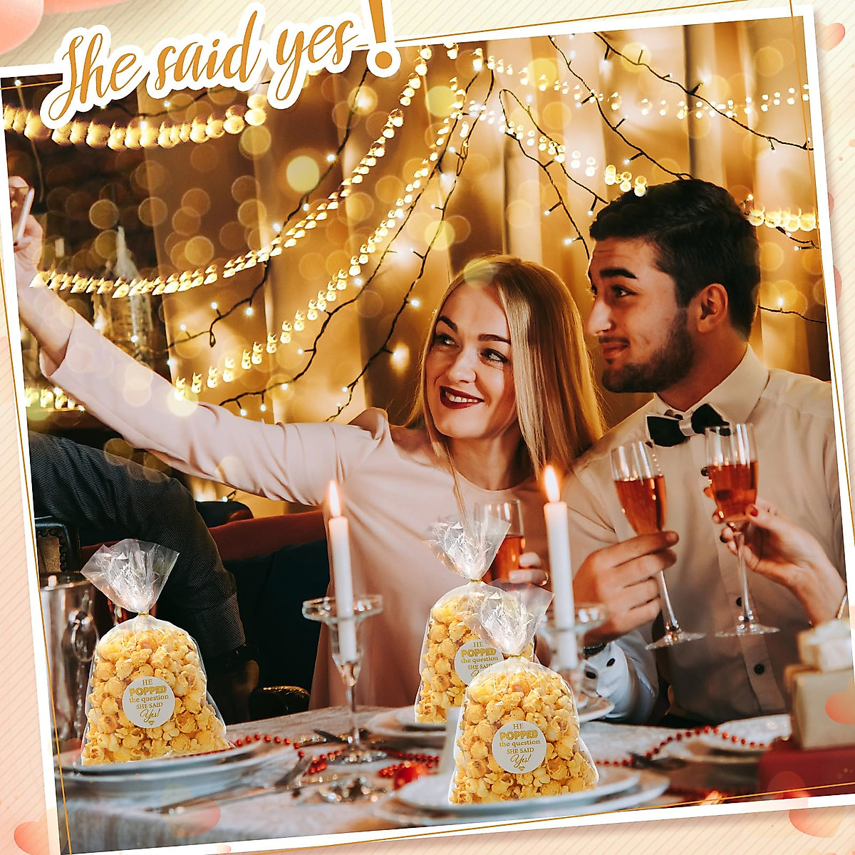 AIOMOB 50 Pack He Popped the Question Popcorn Bags Engagement Party Favors Decorations She Said Yes Sticker Clear Popcorn Favor Bags for Engagement Party Bridal Shower Wedding Supplies