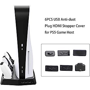 PS5 Silicone Dust Plugs Set,USB HDMI Interface Anti-dust Cover Dustproof Plug for Playstation 5 Console Accessories-6Pcs(Black)